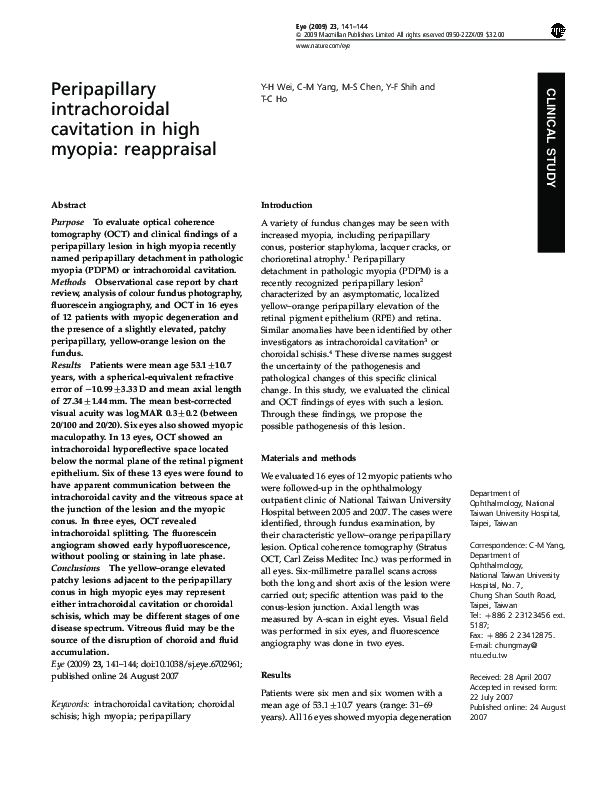 (PDF) Peripapillary intrachoroidal cavitation in high myopia: reappraisal