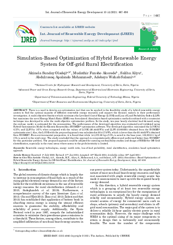 (PDF) Simulation-Based Optimization of Hybrid Renewable Energy System for Off-grid Rural ...