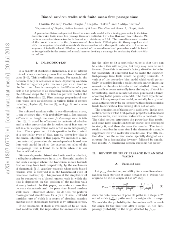 (PDF) Biased random walks with finite mean first passage time