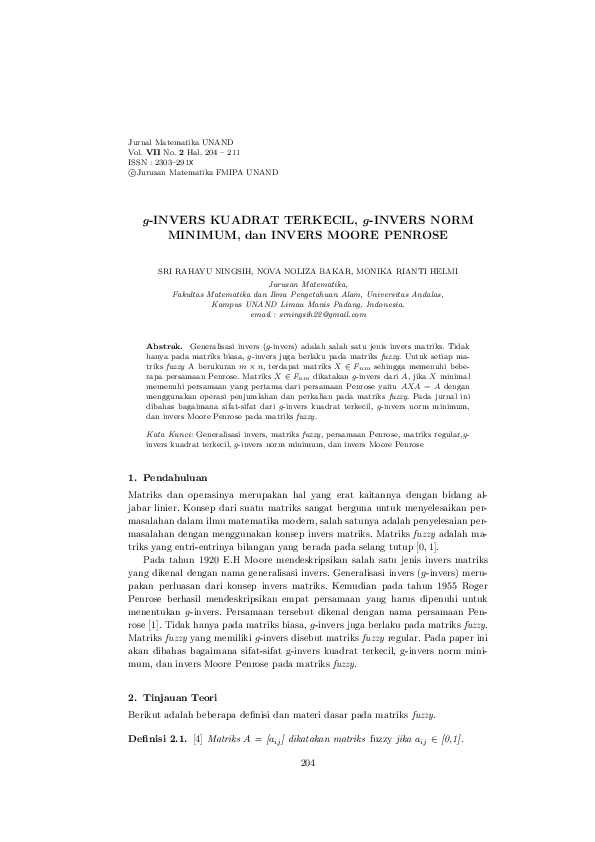 (PDF) g-INVERS KUADRAT TERKECIL, g-INVERS NORM MINIMUM, dan INVERS ...