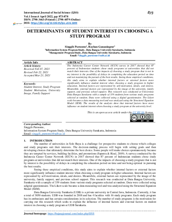 (PDF) Determinants of Student Interest in Choosing a Study Program