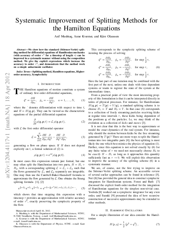 (PDF) Systematic Improvement of Splitting Methods for the Hamilton ...