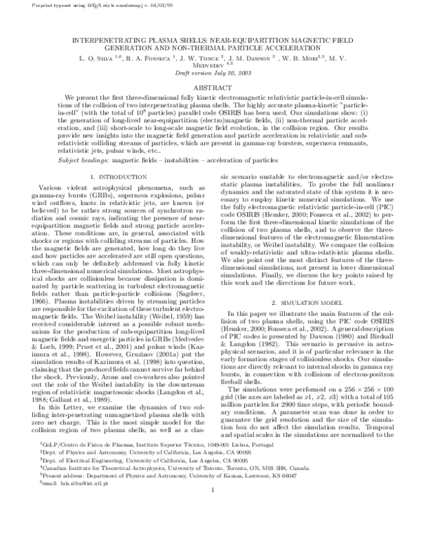 (PDF) Interpenetrating Plasma Shells: Near-Equipartition Magnetic Field Generation and ...