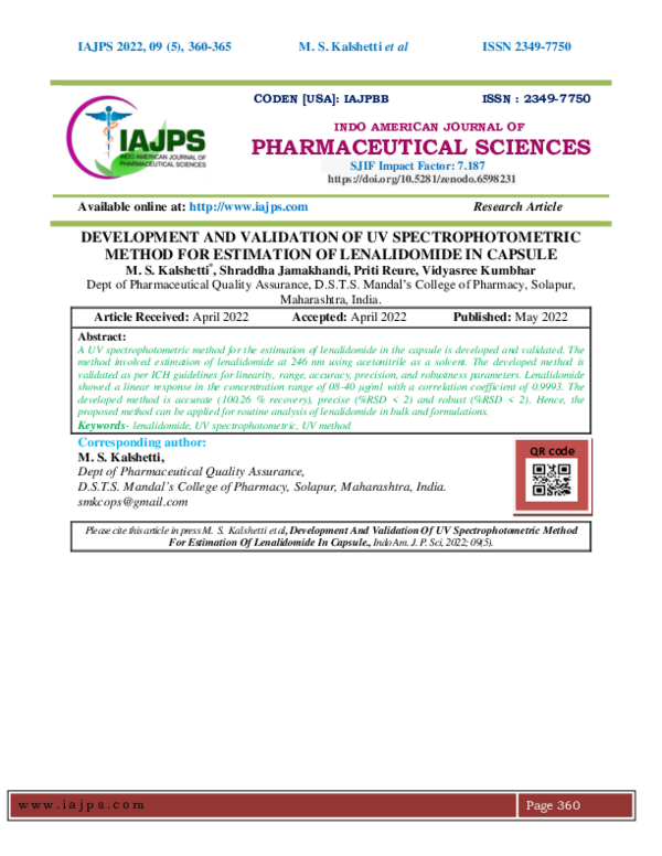 Pdf Development And Validation Of Uv Spectrophotometric Method For