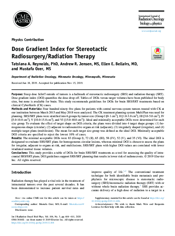 (PDF) Dose Gradient Index for Stereotactic Radiosurgery/Radiation Therapy