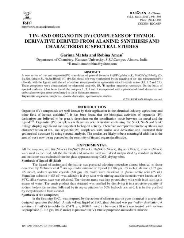 (PDF) Tin-And Organotin (IV) Complexes of Thymol Derivative Derived from Alanine: Synthesis and ...