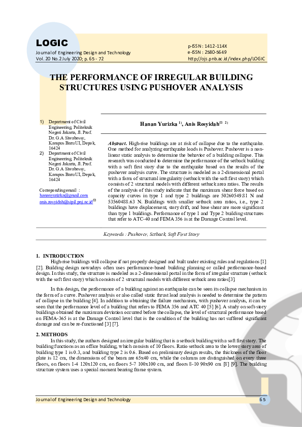 Pdf The Performance Of Irregular Building Structures Using Pushover Analysis