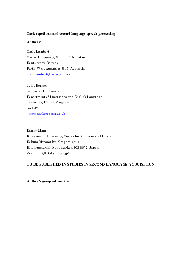 (PDF) Task Repetition and Second Language Speech Processing