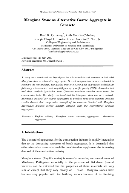 (PDF) Mangima Stone as Alternative Coarse Aggregate in Concrete