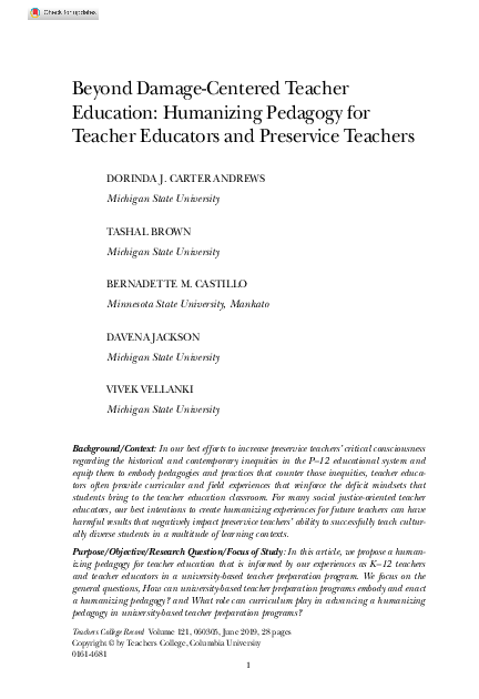 (PDF) Beyond Damage-Centered Teacher Education: Humanizing Pedagogy for ...