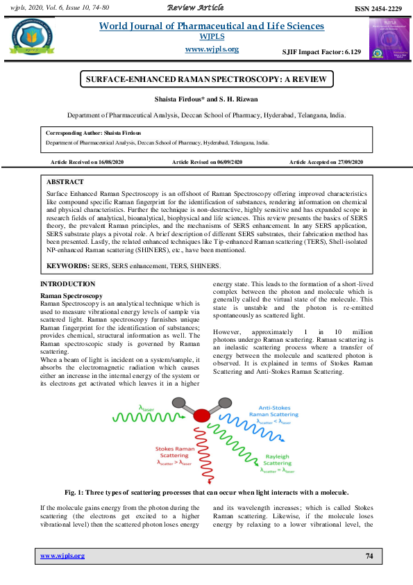 Pdf Surface Enhanced Raman Spectroscopy A Review Shaista Firdous