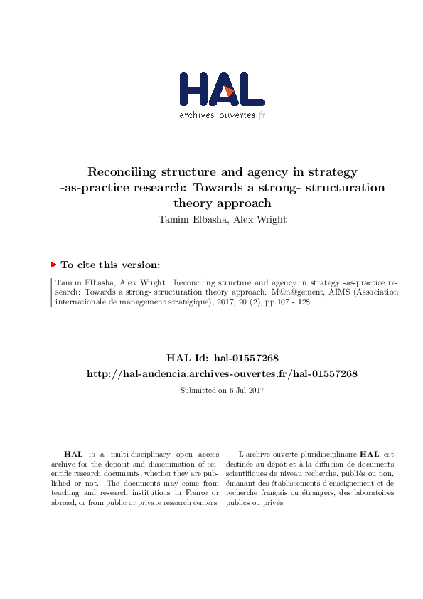 (PDF) Reconciling structure and agency in strategy - as-practice ...