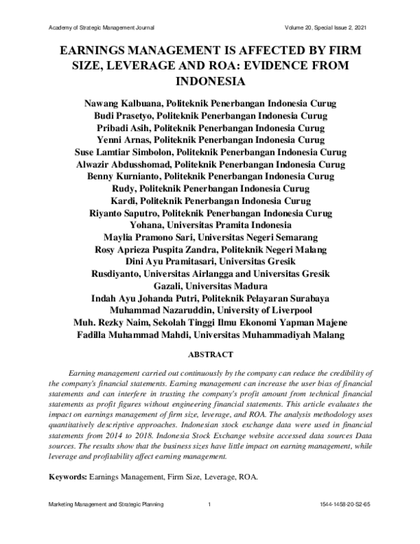 (PDF) Earnings Management is Affected by Firm Size, Leverage and ROA: Evidence from Indonesia