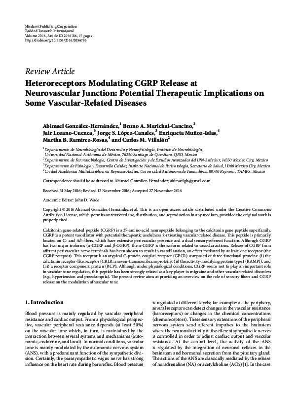(PDF) Heteroreceptors Modulating CGRP Release at Neurovascular Junction ...