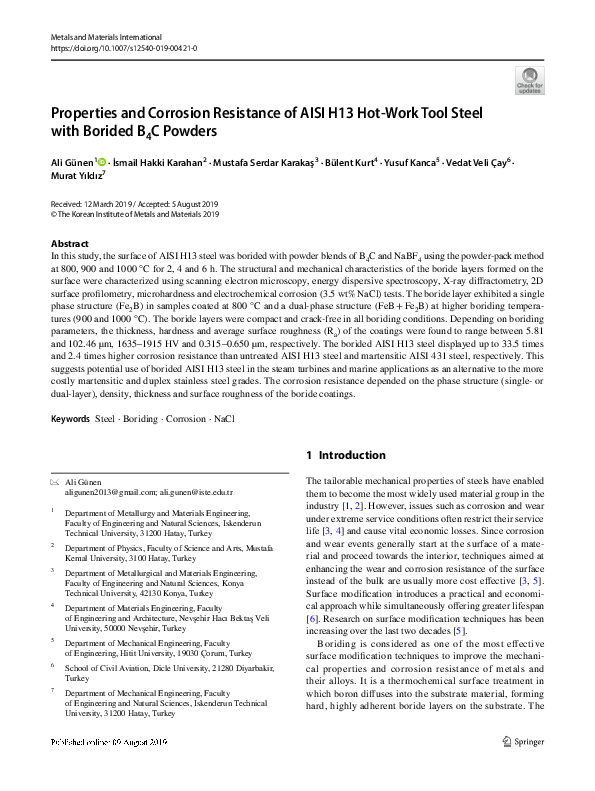 (PDF) Properties and Corrosion Resistance of AISI H13 Hot-Work Tool Steel with Borided B4C Powders