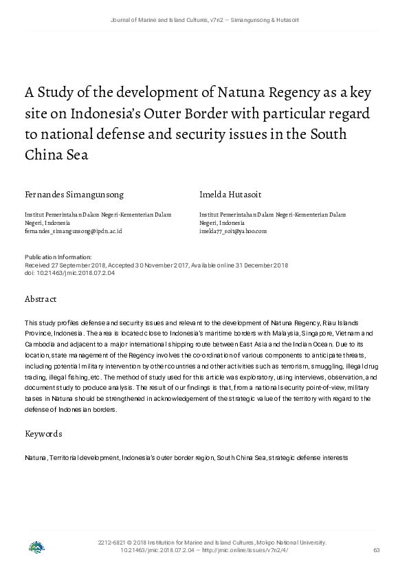 (PDF) A Study of the development of Natuna Regency as a key site on ...