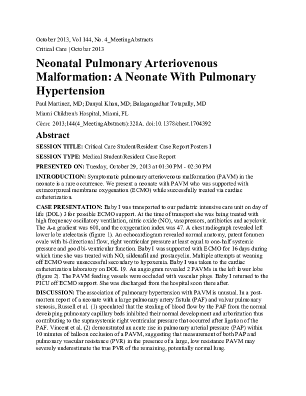 (PDF) Neonatal PAVM with Pulmonary Hypertension Case