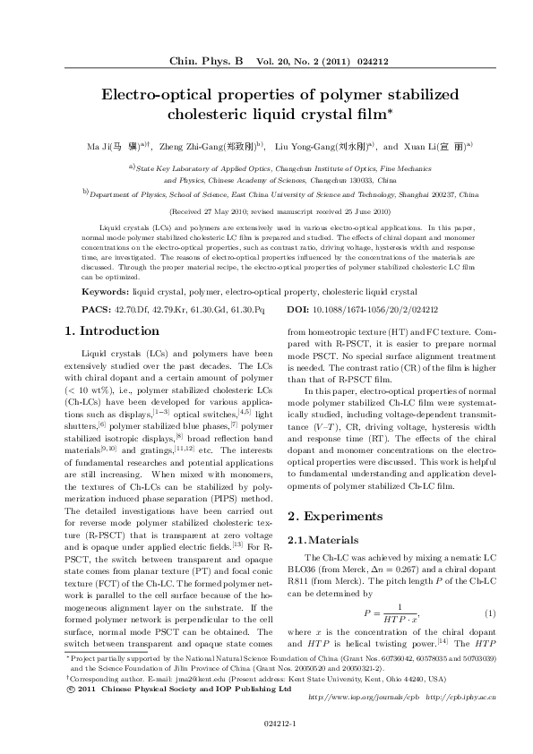 (PDF) Electro-optical properties of polymer stabilized cholesteric liquid crystal film