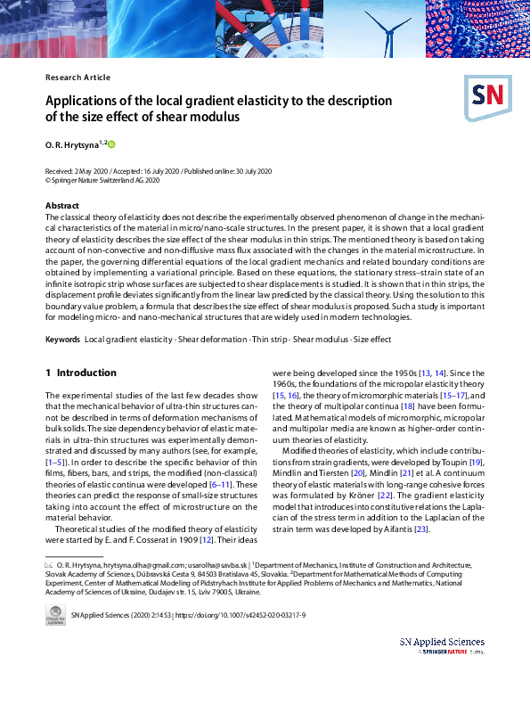 (PDF) Applications of the local gradient elasticity to the description of the size effect of ...