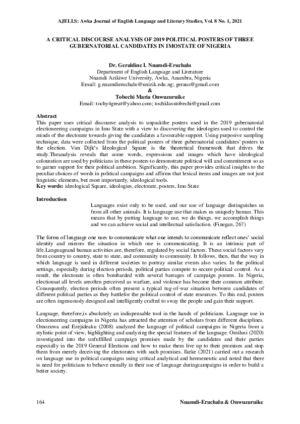 (PDF) A CRITICAL DISCOURSE ANALYSIS OF 2019 POLITICAL POSTERS OF THREE ...