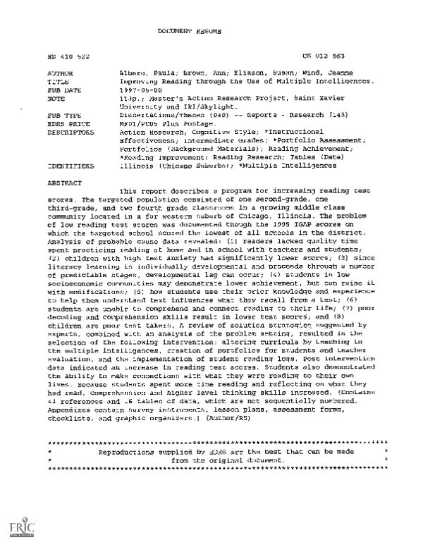 (PDF) Improving Reading through the Use of Multiple Intelligences