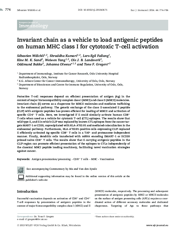 (PDF) Invariant chain as a vehicle to load antigenic peptides on human ...