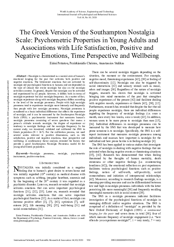 (PDF) The Greek Version of the Southampton Nostalgia Scale ...