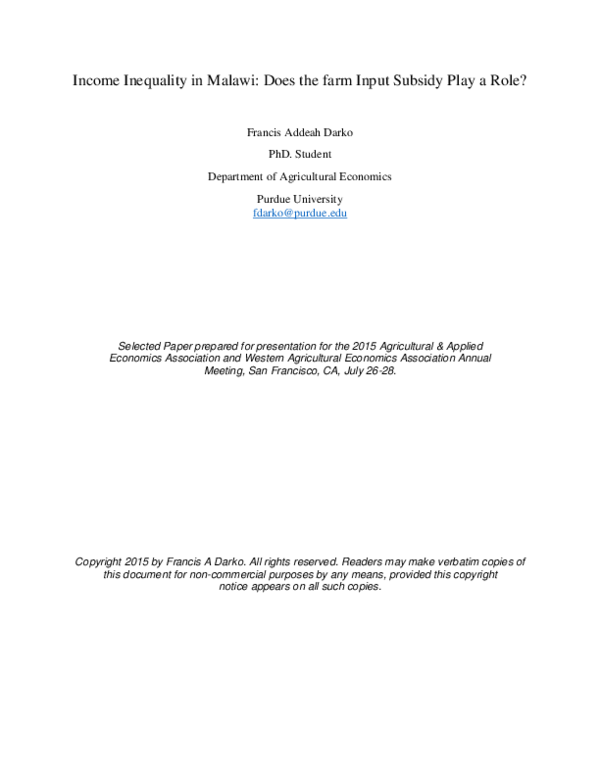 (PDF) Income Inequality in Malawi: Does the Farm Input Subsidy Program Play a Role?