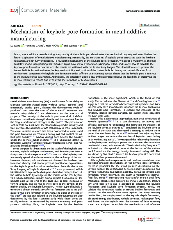 (PDF) Mechanism of keyhole pore formation in metal additive manufacturing