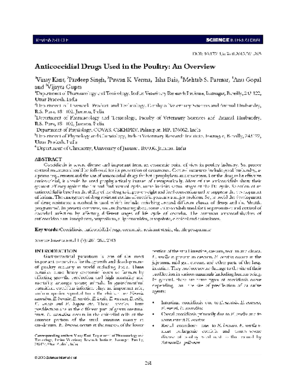 (PDF) Anticoccidial Drugs Used in the Poultry: An Overview