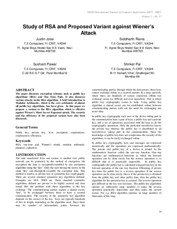 (PDF) Study of RSA and Proposed Variant against Wiener's Attack