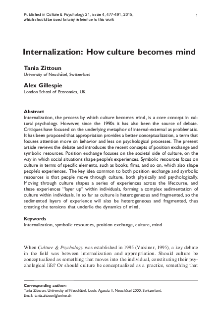 (PDF) Internalization: How culture becomes mind