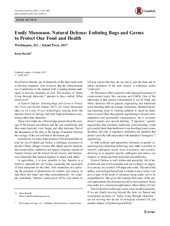 (PDF) Emily Monosson. Natural Defense: Enlisting Bugs and Germs to ...