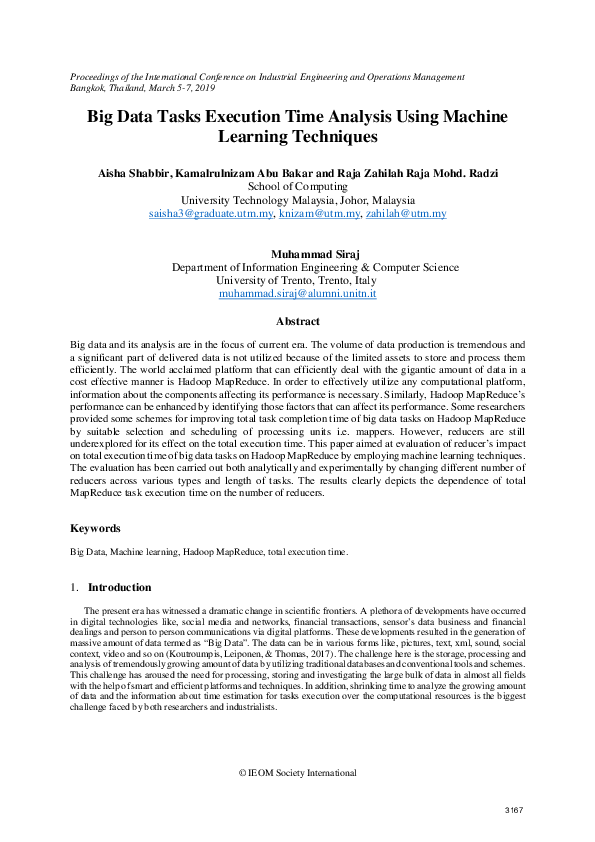 (PDF) Big Data Tasks Execution Time Analysis Using Machine Learning Techniques
