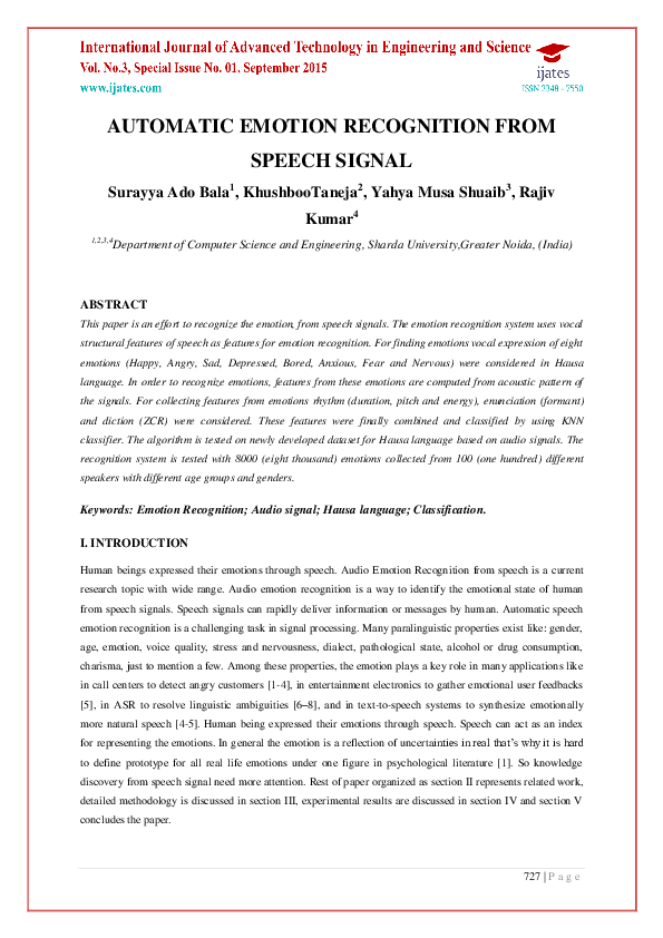 (PDF) Automatic Emotion Recognition from Speech Signal