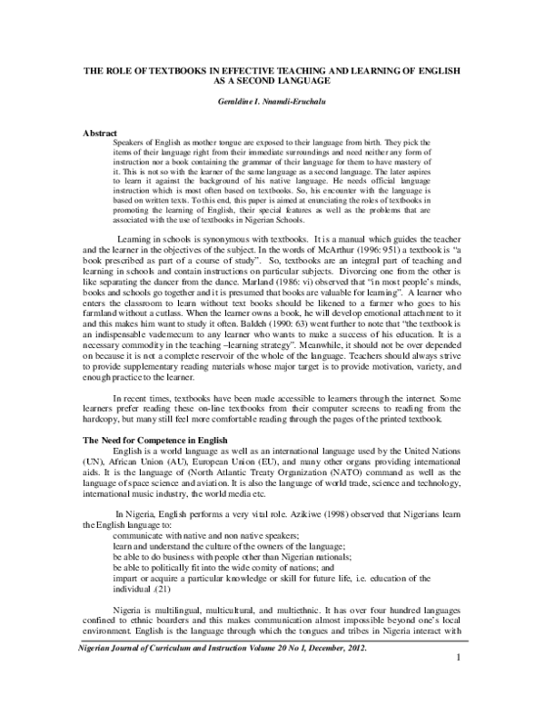 (PDF) THE ROLE OF TEXTBOOKS IN EFFECTIVE TEACHING AND LEARNING OF ...