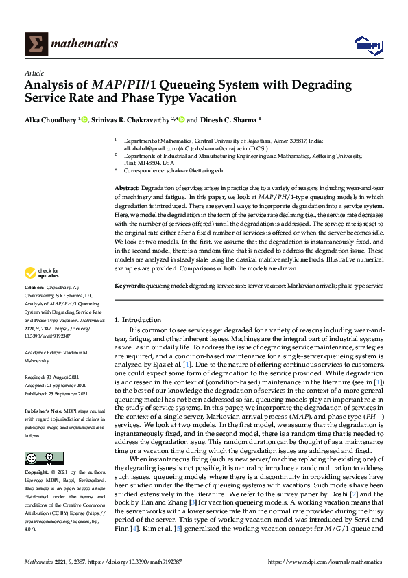(PDF) Analysis of MAP/PH/1 Queueing System with Degrading Service Rate and Phase Type Vacation