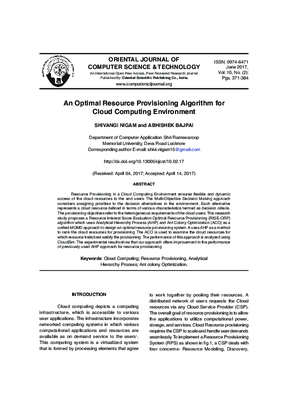 Pdf An Optimal Resource Provisioning Algorithm For Cloud Computing