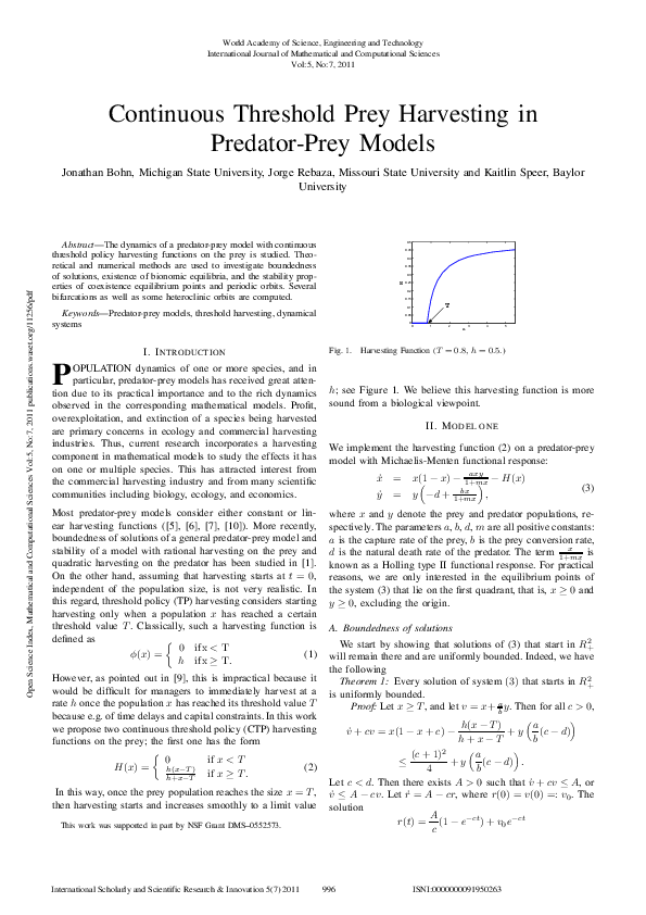(PDF) Continuous Threshold Prey Harvesting In Predator-Prey Models