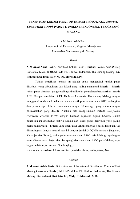 (PDF) Penentuan Lokasi Pusat Distribusi Produk Fast Moving Consumer ...