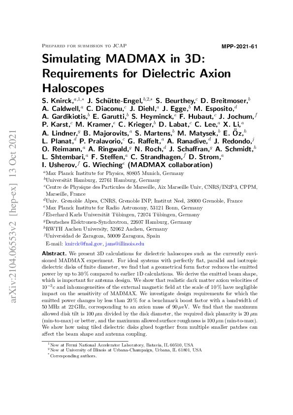 (PDF) Simulating MADMAX in 3D: requirements for dielectric axion haloscopes