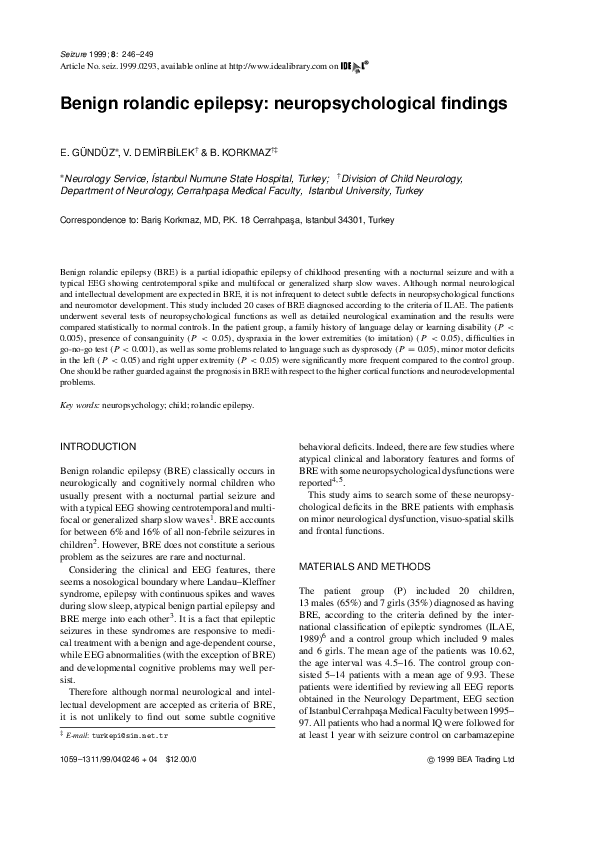 (PDF) Benign rolandic epilepsy: neuropsychological findings