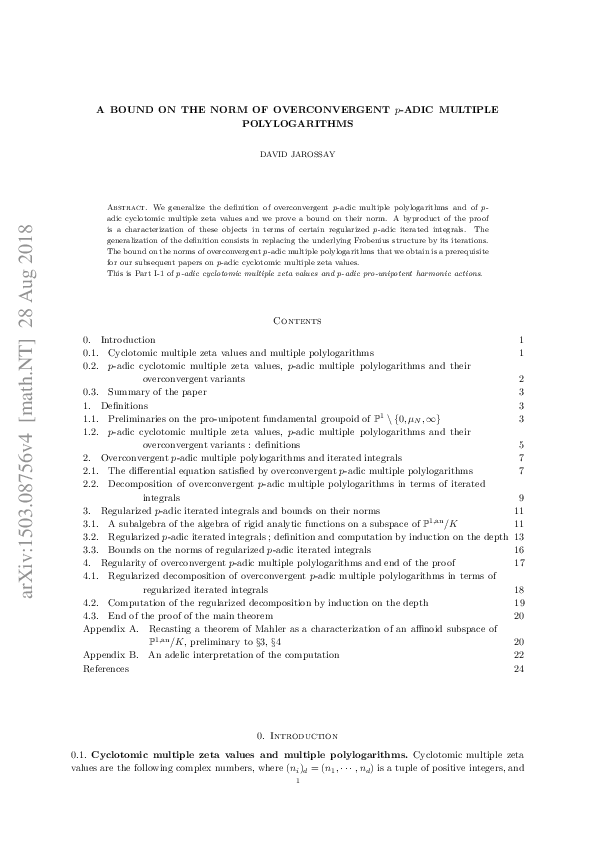 (PDF) A bound on the norm of overconvergent p-adic multiple polylogarithms | David Jarossay ...