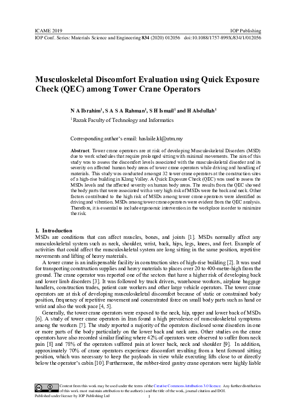 (PDF) Musculoskeletal Discomfort Evaluation using Quick Exposure Check ...