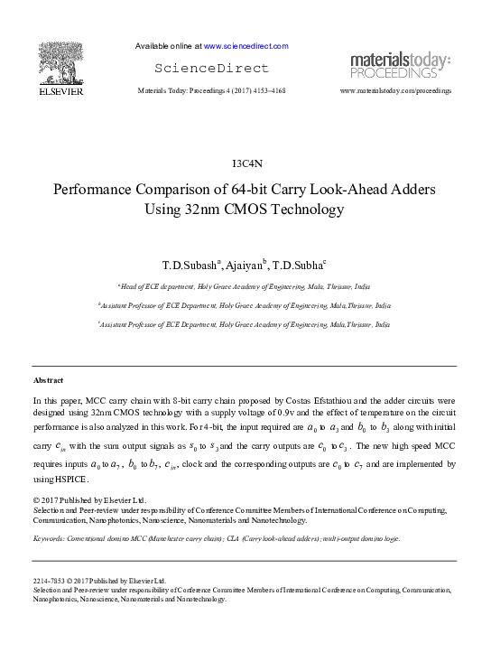 (PDF) Performance Comparison of 64-bit Carry Look-Ahead Adders Using ...