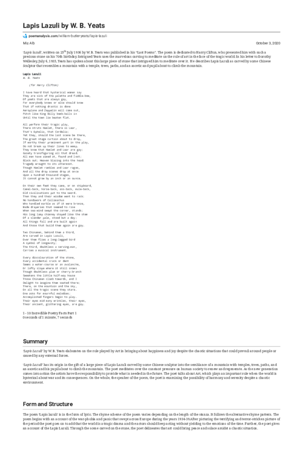 (PDF) Lapis Lazuli by W. B. Yeats - Poem Analysis.PDF