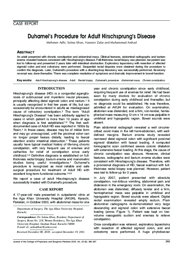 (PDF) Duhamel's Procedure for Adult Hirschsprung's Disease
