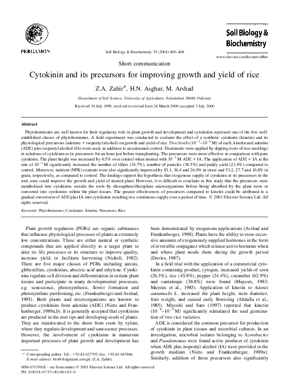 (PDF) Cytokinin and its precursors for improving growth and yield of rice