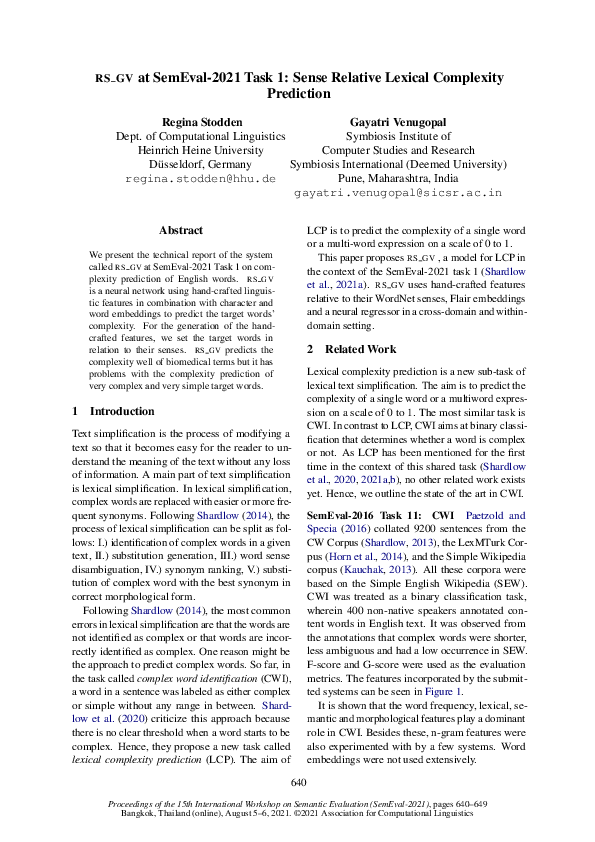(PDF) Predicting Lexical Complexity with RS GV