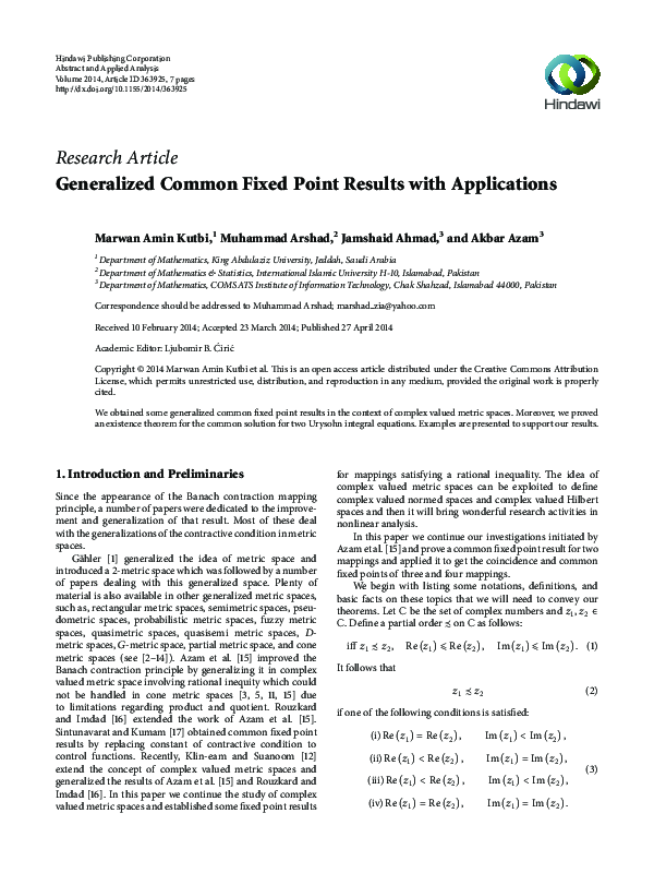 Pdf Generalized Common Fixed Point Results With Applications 